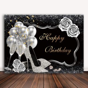 bellimas happy birthday backdrop silver and black women birthday party banner high heels champagne rose balloon background birthday prom party supplies