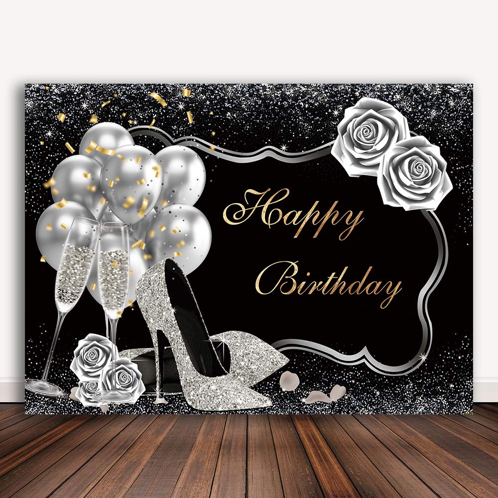 Bellimas Happy Birthday Backdrop Silver and Black Women Birthday Party Banner High Heels Champagne Rose Balloon Background Birthday Prom Party Supplies