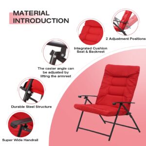 Omelaza 3 Pieces Patio Padded Folding Chair, Outdoor Adjustable Reclining Lounge Chairs with Tempered Glass Table (Red)