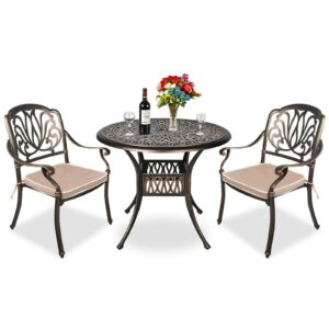 titimo 3 piece patio dining set, all-weather outdoor cast aluminum patio furniture conversation set includes round table and chairs with cushions and umbrella hole for patio garden deck (khaki)