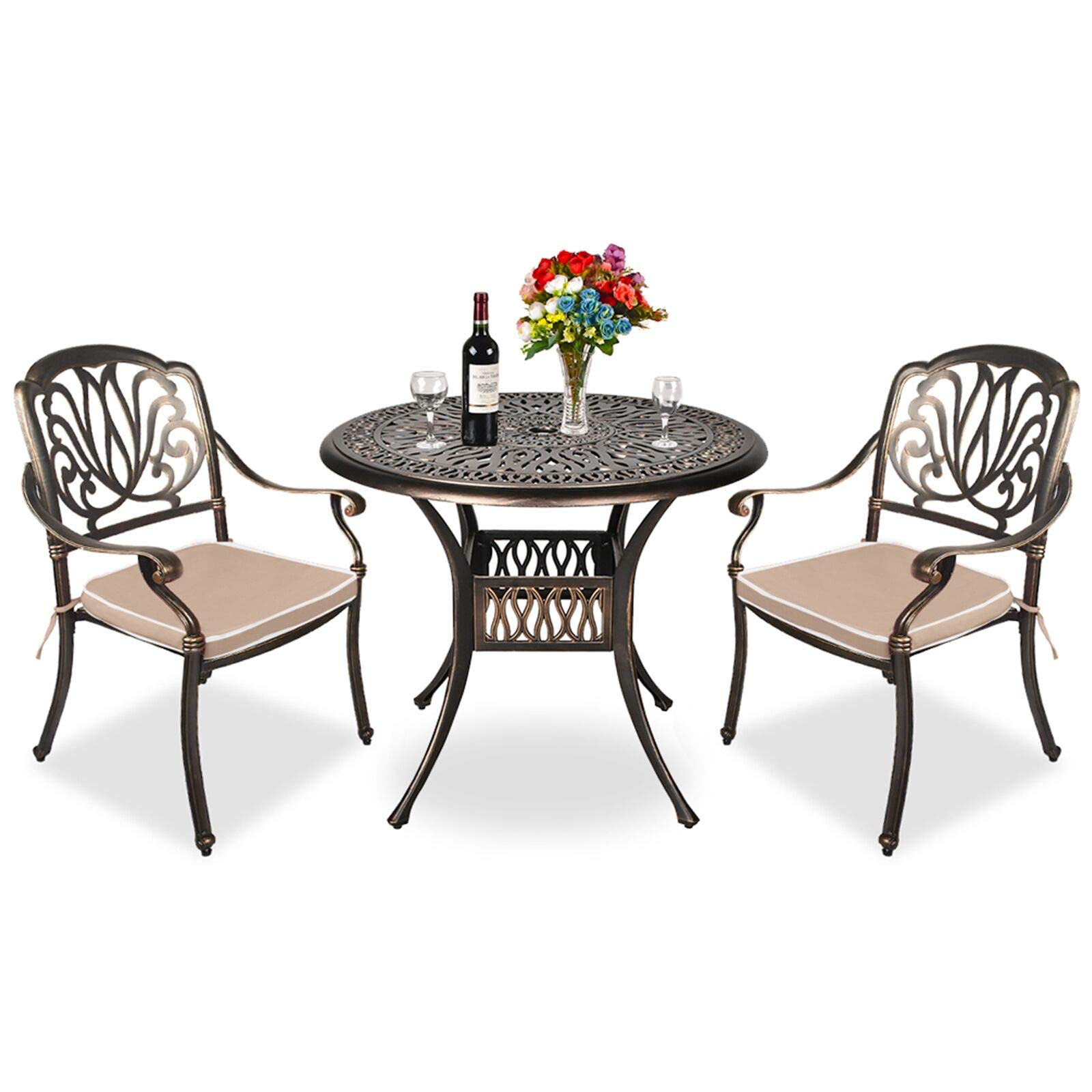 TITIMO 3 Piece Patio Dining Set, All-Weather Outdoor Cast Aluminum Patio Furniture Conversation Set Includes Round Table and Chairs with Cushions and Umbrella Hole for Patio Garden Deck (Khaki)