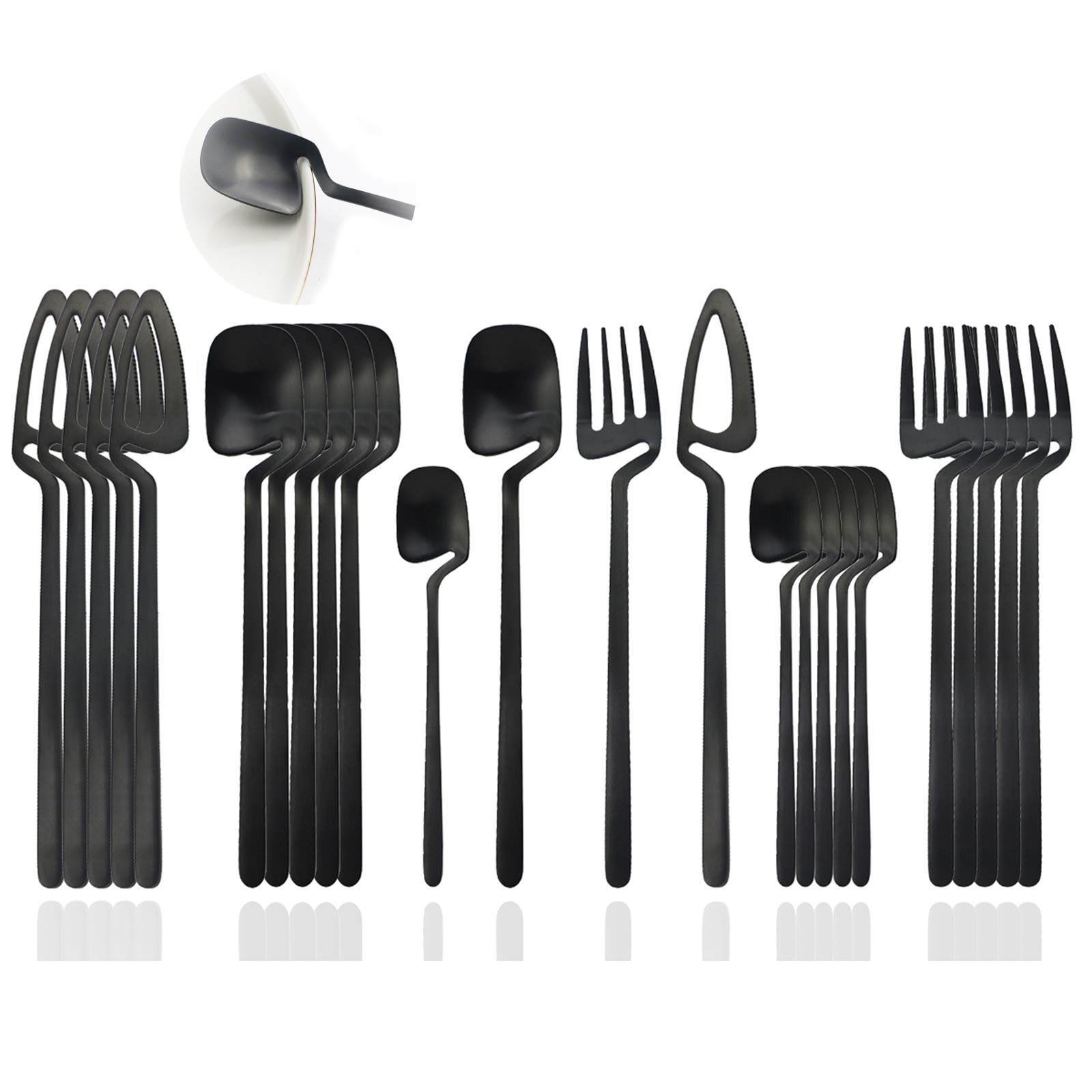 JASHII Silverware Set Satin Finish 24-Piece Stainless Steel Flatware Set Kitchen Utensil Set Service for 6 Tableware Cutlery Set Dishwasher Safe (Matte Black)