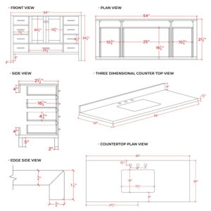 ARIEL 55" Espresso Bathroom Vanity with 1.5" Edge Pure White Quartz Countertop & Backsplash, Center Rectangular Sink, 2 Soft Closing Doors, 9 Full Extension Dovetail Drawers, Satin Brass