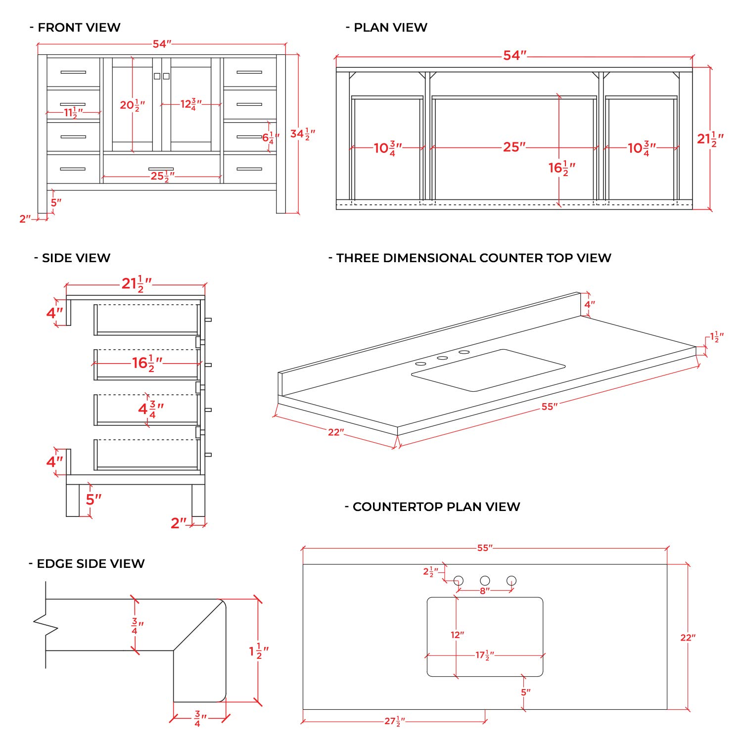 ARIEL 55" Espresso Bathroom Vanity with 1.5" Edge Pure White Quartz Countertop & Backsplash, Center Rectangular Sink, 2 Soft Closing Doors, 9 Full Extension Dovetail Drawers, Satin Brass