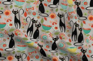 spoonflower fabric - 50's retro cats grey vintage feline kitsch black cat printed on petal signature cotton fabric fat quarter - sewing quilting apparel crafts decor