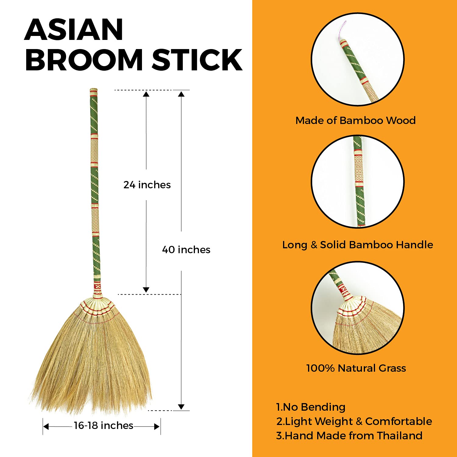 SN SKENNOVA Asian Broom for Cleaning Floor / Handheld Household Broom for Outdoor and Indoor : House Broom - Hardwood Sweeper with Brush Power and Circle Cleaning (Thai Pattern 1, Green)