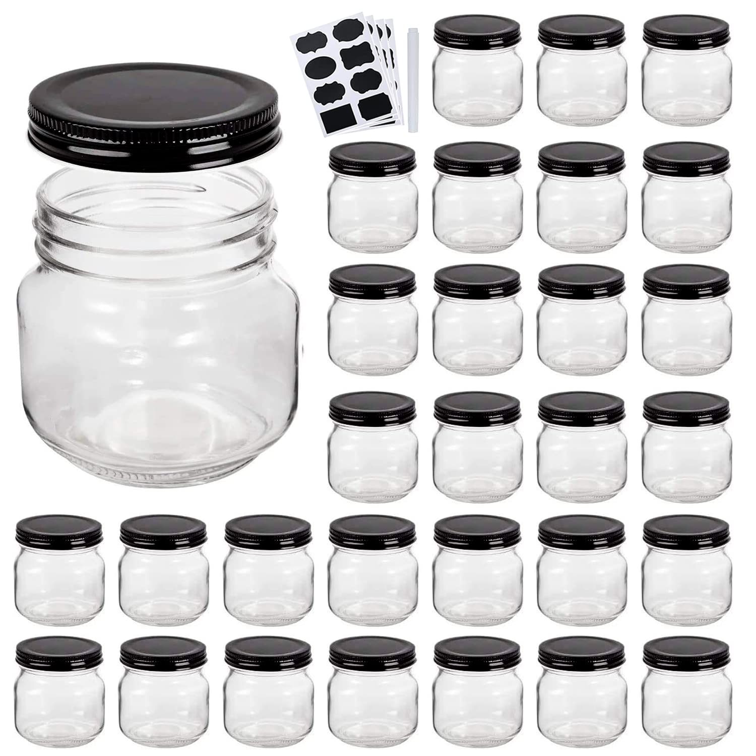 QAPPDA Mason Jars, Glass Jars With Lids 8 oz,Canning Jars For Pickles And Kitchen Storage,Wide Mouth Spice Jars With Black Lids For Honey,Caviar,Herb,Jelly,Jams,Set of 30