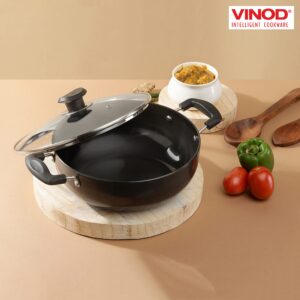 Vinod Cookware Deep Kadhai with Glass Lid – Hard Anodized Pot – 4.1 Liters (4.3 Quarts) – 26 cm/10.25 inch – Multi-Use Wok – Suitable For Indian Cooking, Sauces, Pasta, Soup –Round Bottom