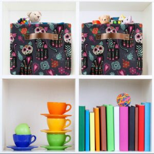 AUUXVA Storage Basket Day of The Dead Cat Sugar Skull Flower Storage Cube Box Durable Canvas Collapsible Toy Basket Organizer Bin with Handles for Shelf Closet Bedroom Home Office