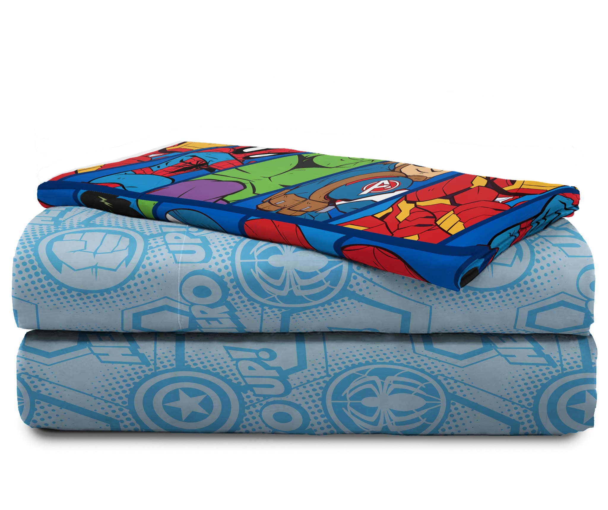 Jay Franco Marvel Super Hero Adventures Hero Together 4Piece Toddler Bed Set Super Soft Microfiber Bed Set Includes Toddler Size Comforter & Sheet Bedding Features The Avengers Official Product