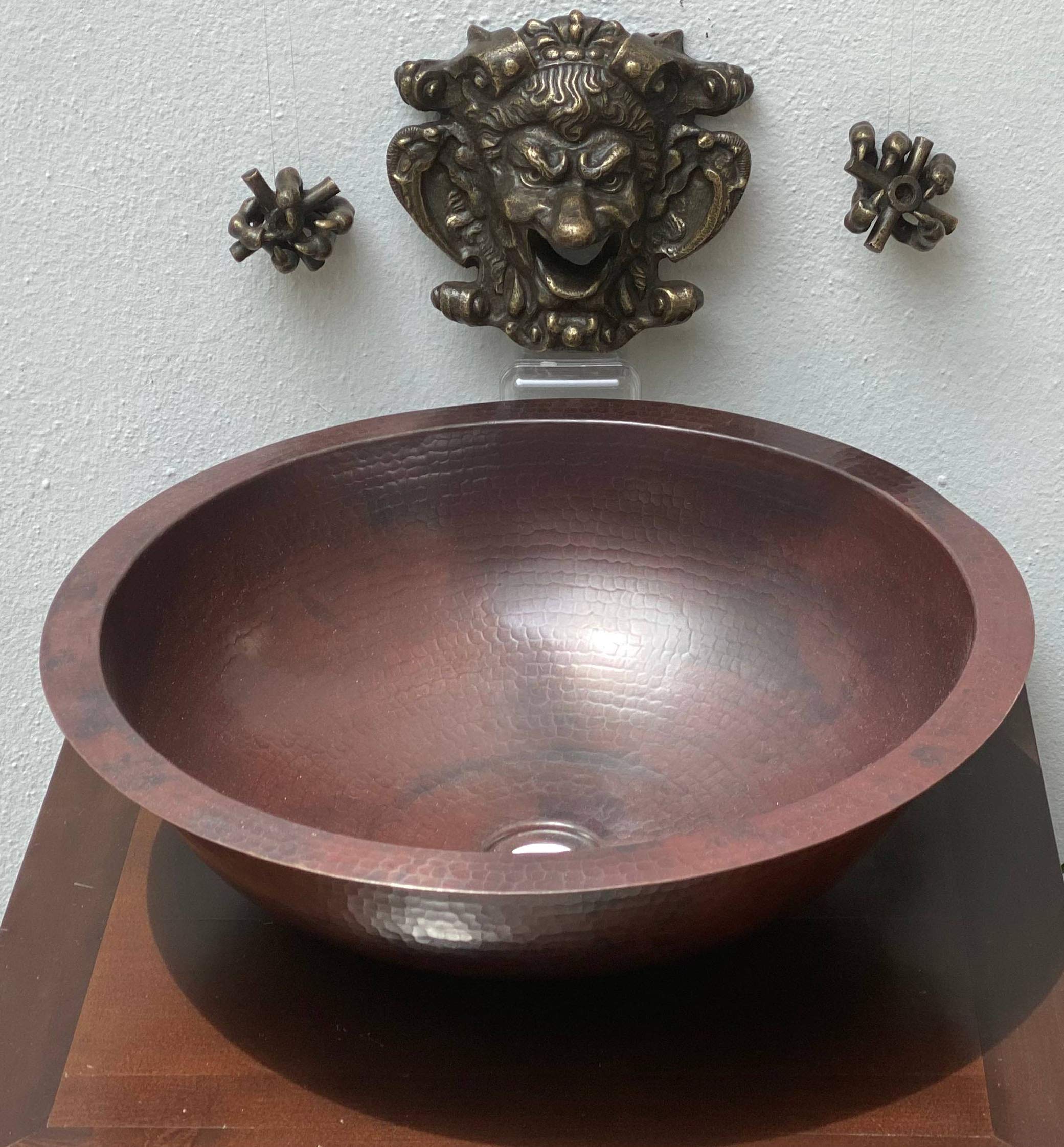 18" Round Copper Bathroom Sink Mexican Copper Bath Sink Pure Copper Hand Hammered Dual Mount Dark CPS07