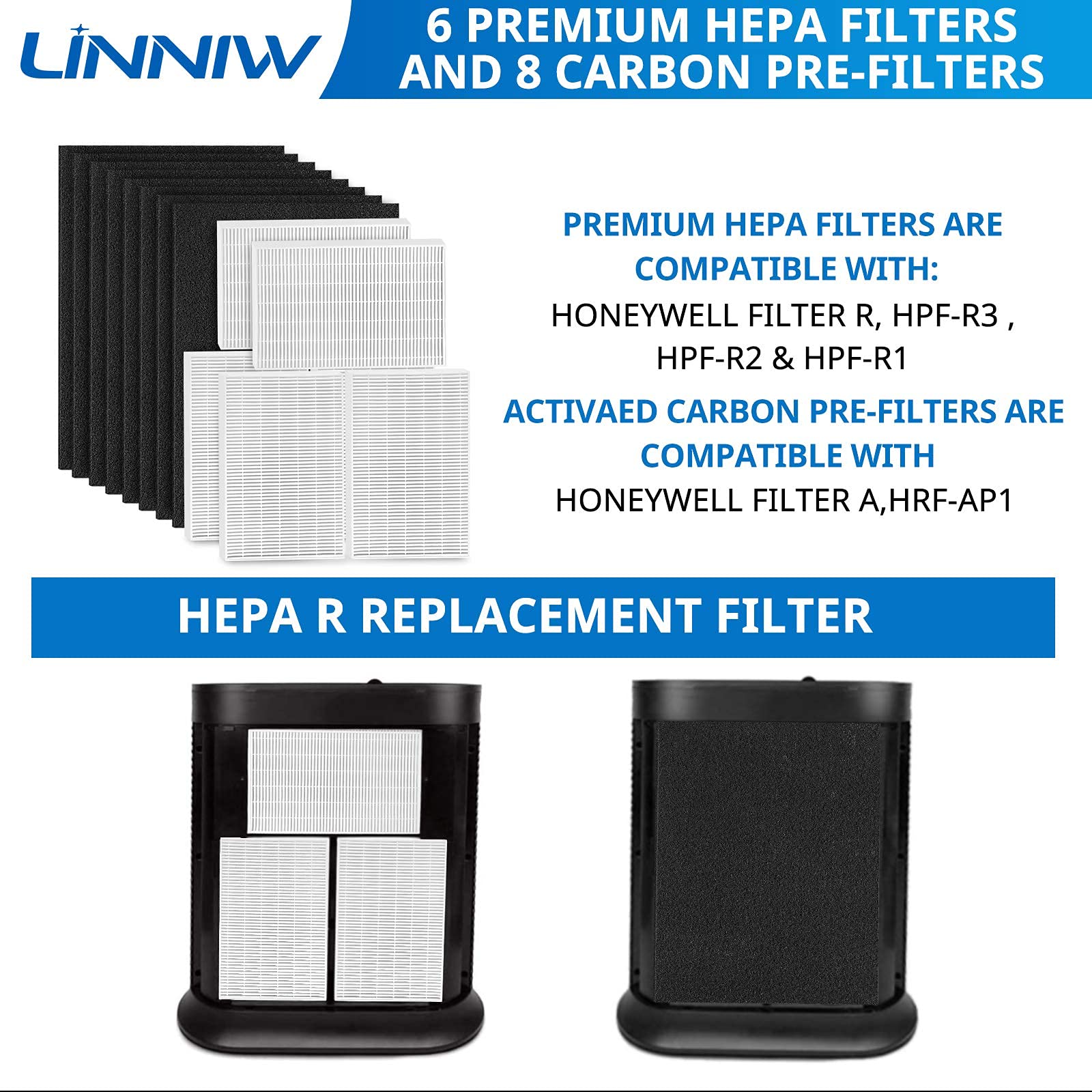 HPA300 HEPA Filter R Replacement for Honeywell HPA300, HPA200, HPA100, HPA090 Series Air Purifiers, Replace #HRF-R3, HRF-R2, HRF-R1 (6 HEPA Filter R + 8 Activated Carbon Pre-Filter)