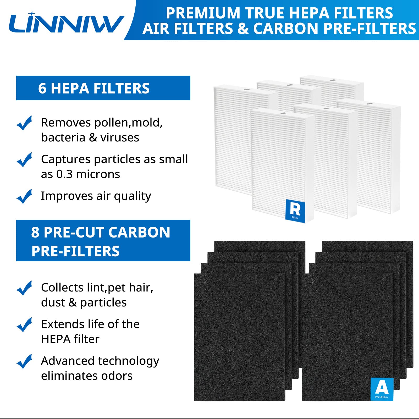 HPA300 HEPA Filter R Replacement for Honeywell HPA300, HPA200, HPA100, HPA090 Series Air Purifiers, Replace #HRF-R3, HRF-R2, HRF-R1 (6 HEPA Filter R + 8 Activated Carbon Pre-Filter)