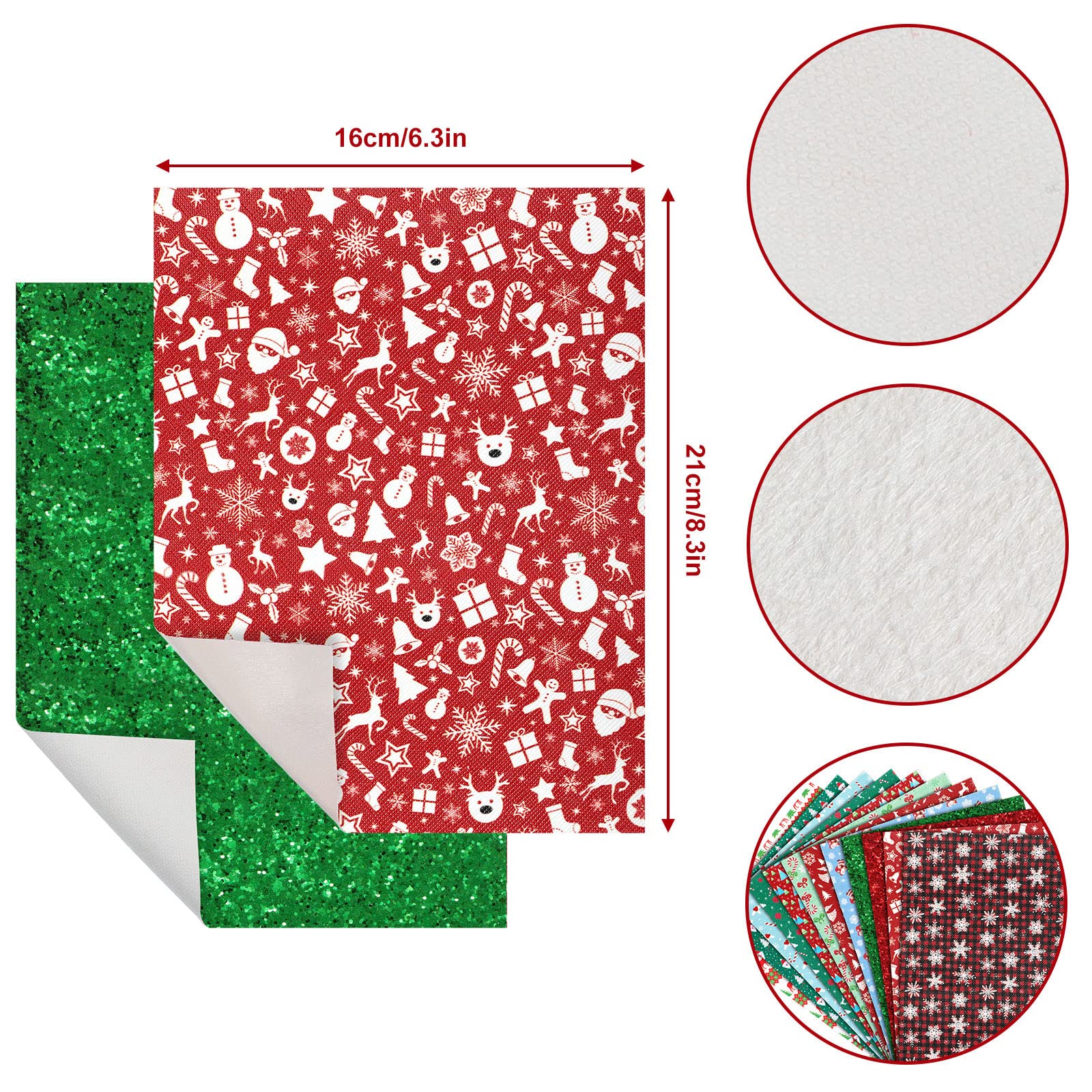 12 Pieces Christmas Faux Leather Sheets Christmas Pattern Synthetic Leather Sheets Glitter PU Faux Leather Fabric Sheets Santa Claus Printed Faux Leather Sheets for Handmade Crafts, 6.3 x 8.3 Inch