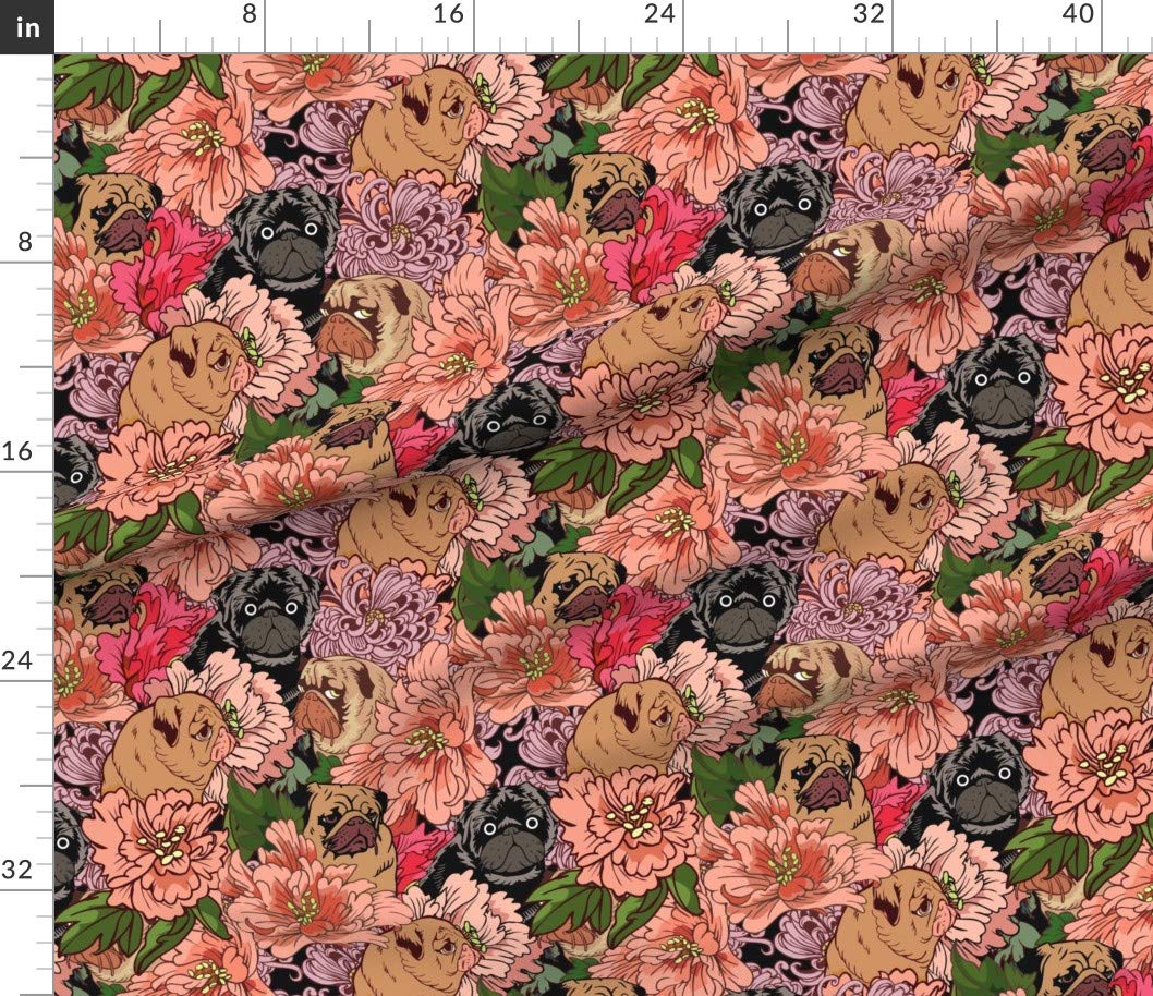 Spoonflower Fabric - Pugs Pug Flowers Dogs Pet Printed on Petal Signature Cotton Fabric Fat Quarter - Sewing Quilting Apparel Crafts Decor