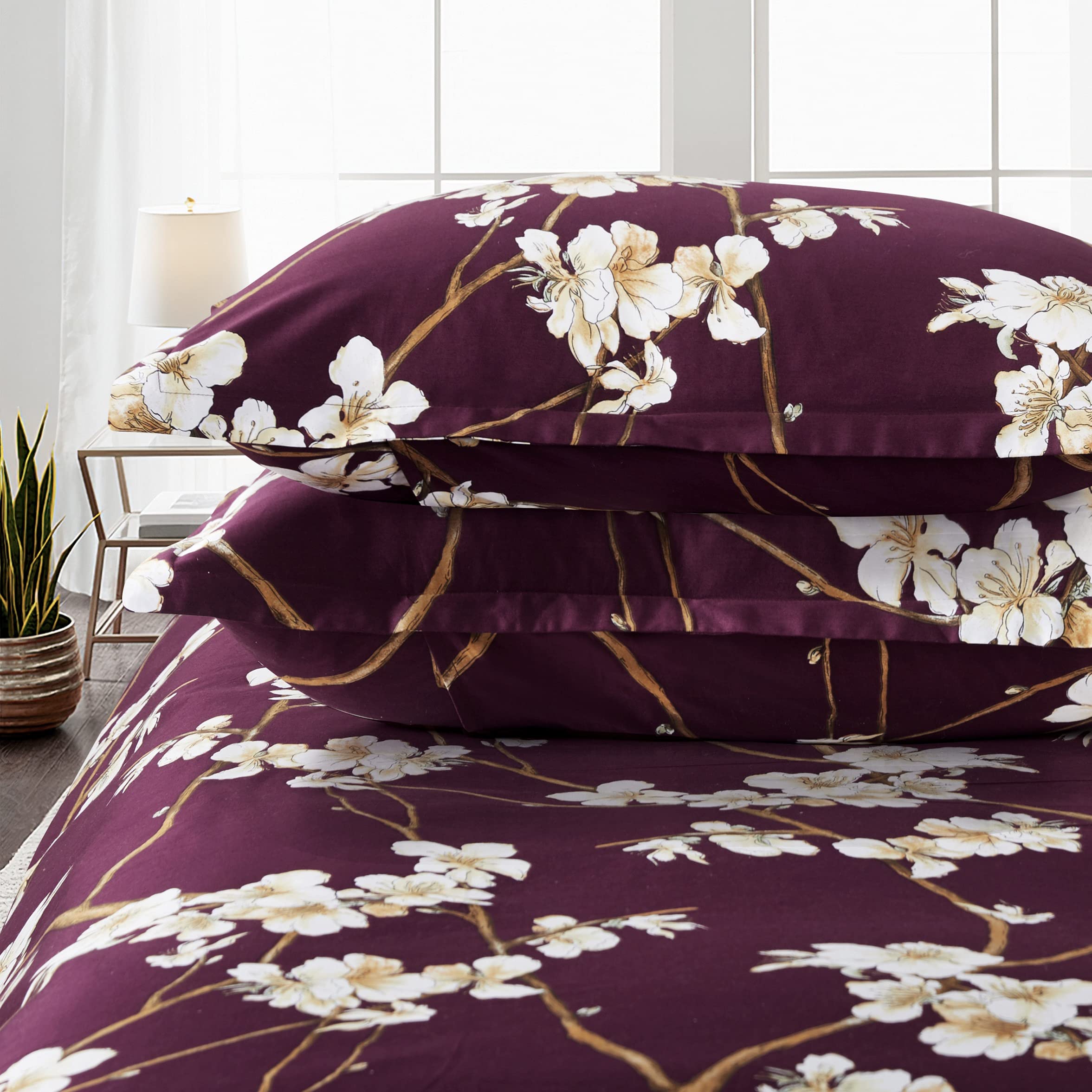 Eikei Almond Tree Blossom Floral Duvet Cover Chinoiserie Chic Style Blooming Trees Vines and Branches Long Staple Cotton 3pc Bedding Set Asian Garden (Deep Plum, King)