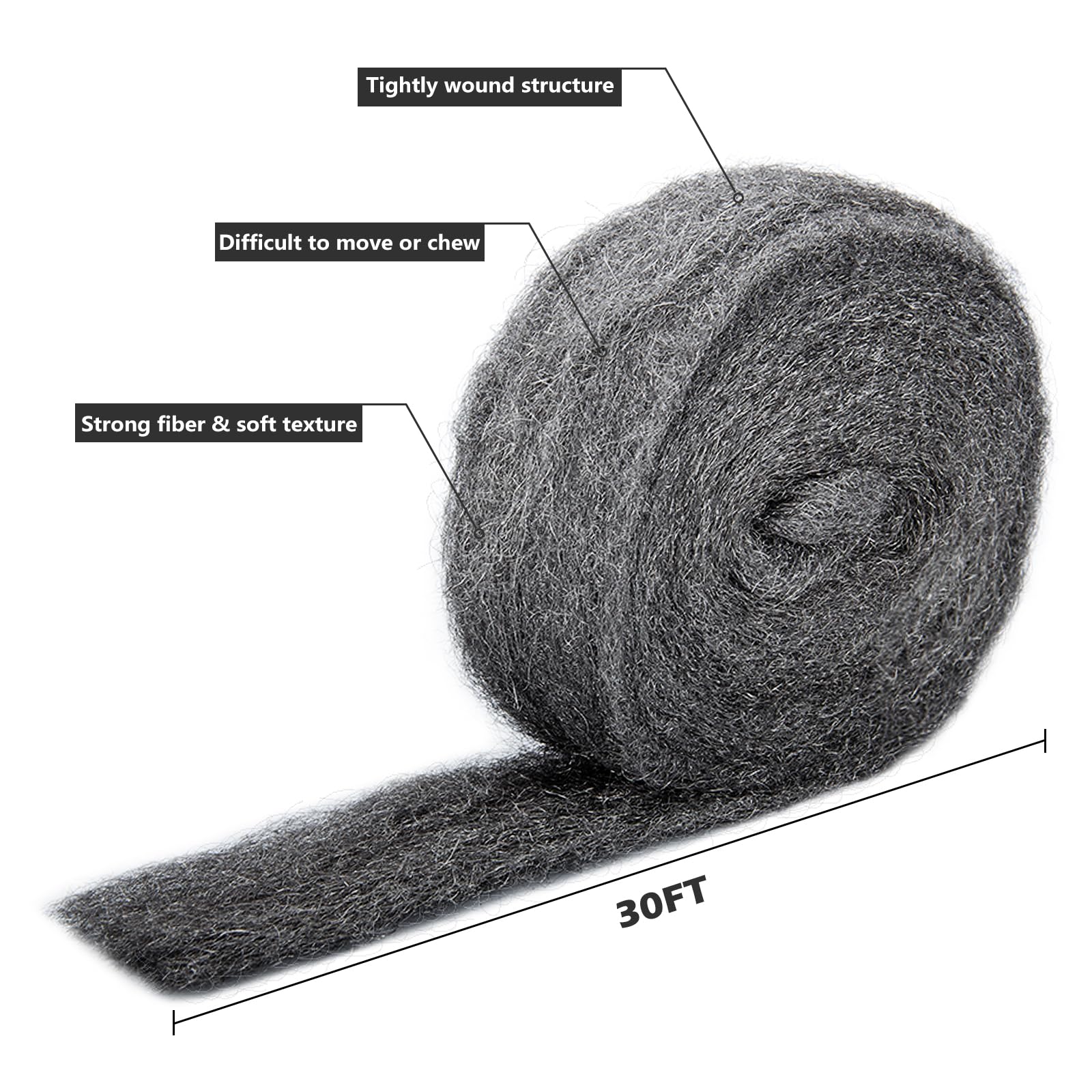 30Ft(10oz) Steel Wool Roll, Coarse Wire Fill Fabric DIY Kit, Hardware Cloth, Gap Blocker to Keep Annoying Animals Away from Holes/Wall Cracks/Vents in Garden/House/Garage