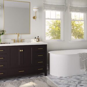 ARIEL 55" Espresso Bathroom Vanity with 1.5" Edge Pure White Quartz Countertop & Backsplash, Center Rectangular Sink, 2 Soft Closing Doors, 9 Full Extension Dovetail Drawers, Satin Brass