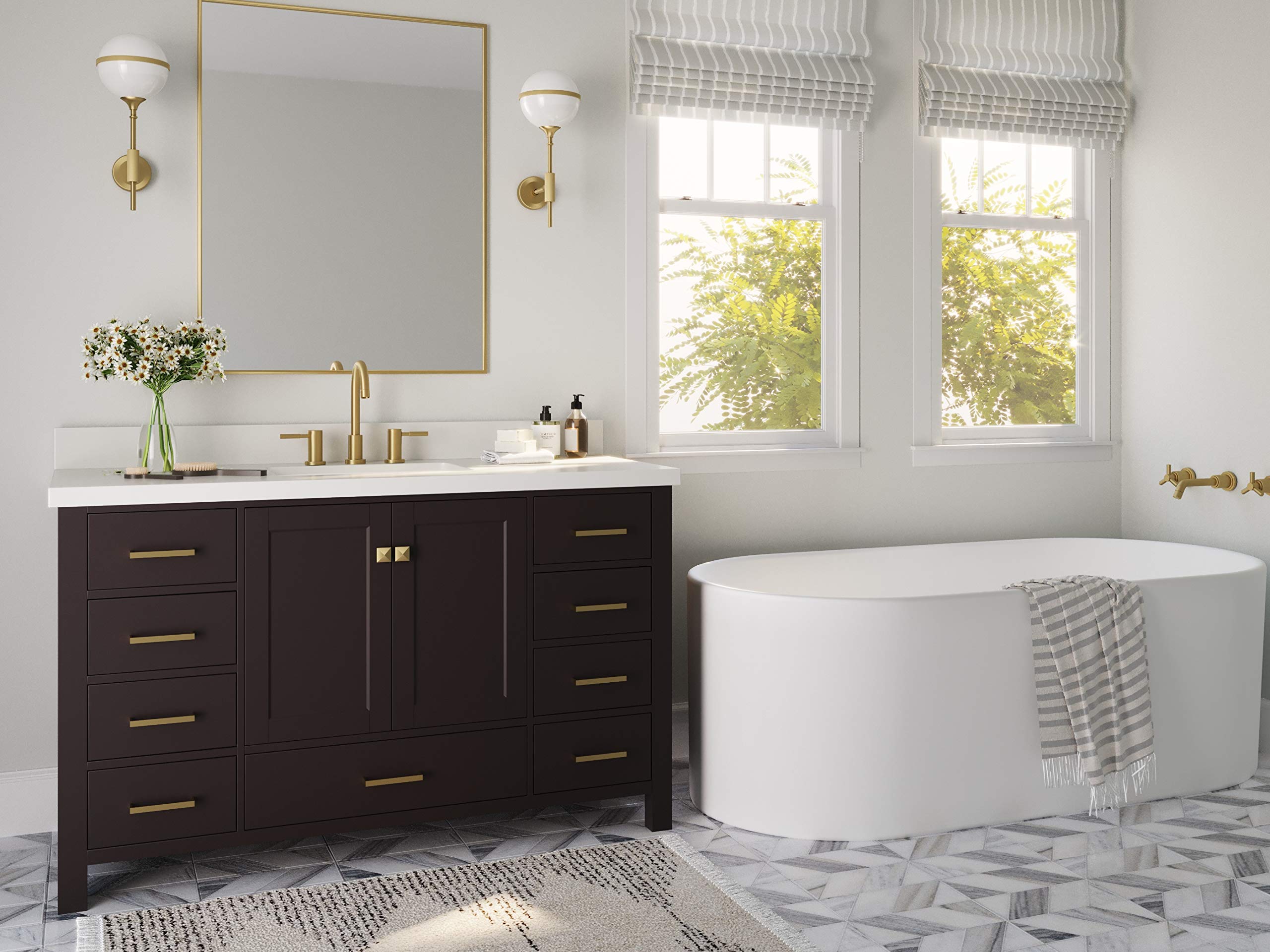 ARIEL 55" Espresso Bathroom Vanity with 1.5" Edge Pure White Quartz Countertop & Backsplash, Center Rectangular Sink, 2 Soft Closing Doors, 9 Full Extension Dovetail Drawers, Satin Brass