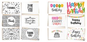 seymour butz bundle of 2 bulk greeting card sets- 120 pack happy birthday cards and 120 pack thank you cards – each set includes 6 designs with craft paper envelopes