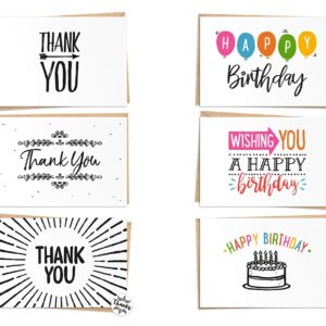 Seymour Butz Bundle of 2 Bulk Greeting Card Sets- 120 Pack Happy Birthday Cards and 120 Pack Thank You Cards – Each Set Includes 6 Designs With Craft Paper Envelopes