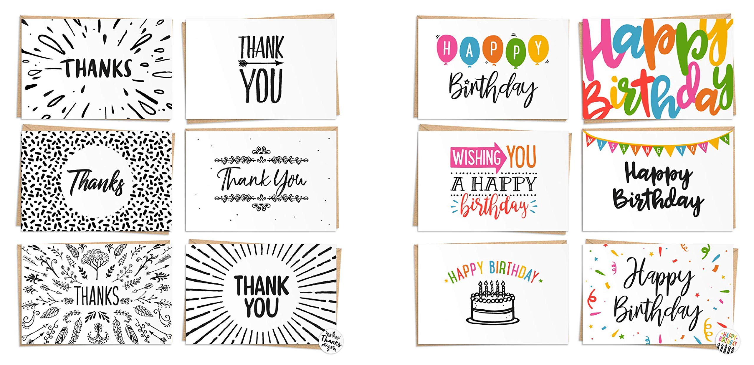 Seymour Butz Bundle of 2 Bulk Greeting Card Sets- 120 Pack Happy Birthday Cards and 120 Pack Thank You Cards – Each Set Includes 6 Designs With Craft Paper Envelopes