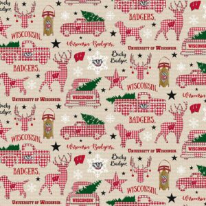 sykel enterprises wisconsin badgers christmas holiday design 43 inches wide 100% cotton fabric sold by yard