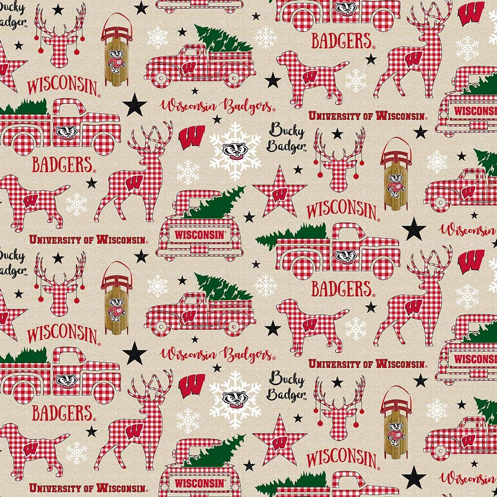 SYKEL ENTERPRISES Wisconsin Badgers Christmas Holiday Design 43 inches Wide 100% Cotton Fabric Sold by Yard