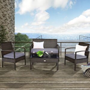 Moccha 4-Piece Patio Rattan Furniture Set, Outdoor Wicker Conversation w/ Padded Cushion & Coffee Table, Bistro Sofa Set w/ Tempered Glass Tabletop for Outdoor Indoor Patio Poolside Backyard, Brown