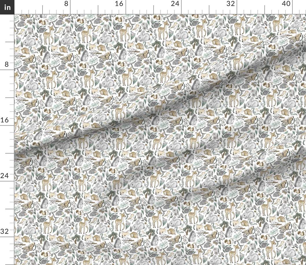 Spoonflower Fabric - Woodland Lullaby White Deer Hedgehog Butterfly Nursery Soft Printed on Petal Signature Cotton Fabric Fat Quarter - Sewing Quilting Apparel Crafts Decor