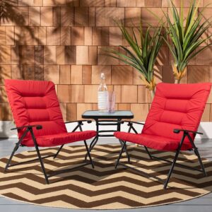 omelaza 3 pieces patio padded folding chair, outdoor adjustable reclining lounge chairs with tempered glass table (red)