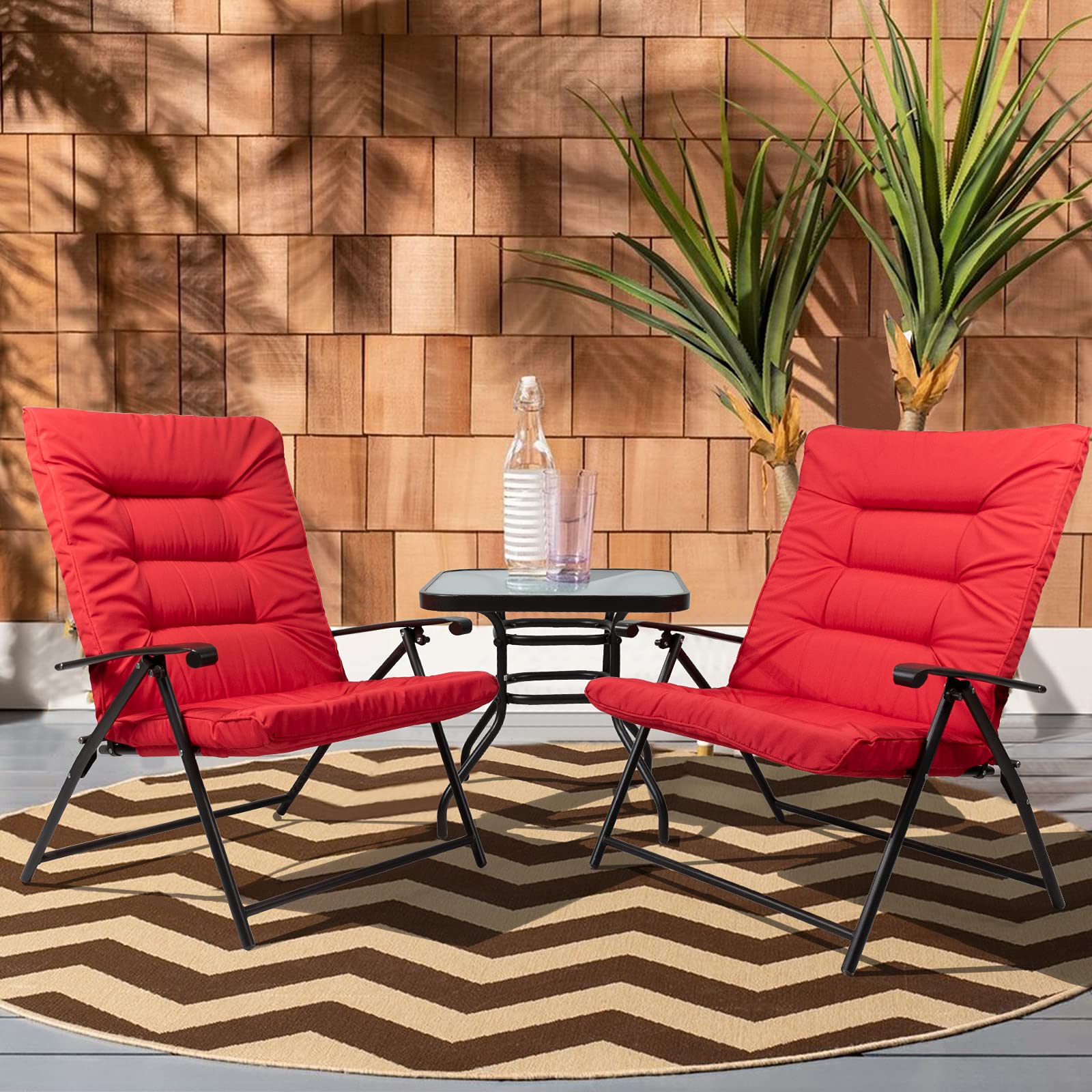 Omelaza 3 Pieces Patio Padded Folding Chair, Outdoor Adjustable Reclining Lounge Chairs with Tempered Glass Table (Red)