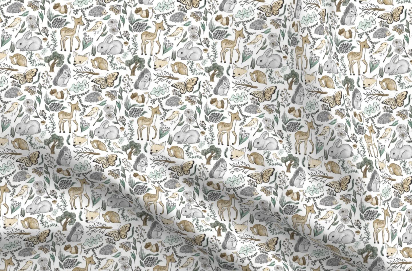 Spoonflower Fabric - Woodland Lullaby White Deer Hedgehog Butterfly Nursery Soft Printed on Petal Signature Cotton Fabric Fat Quarter - Sewing Quilting Apparel Crafts Decor