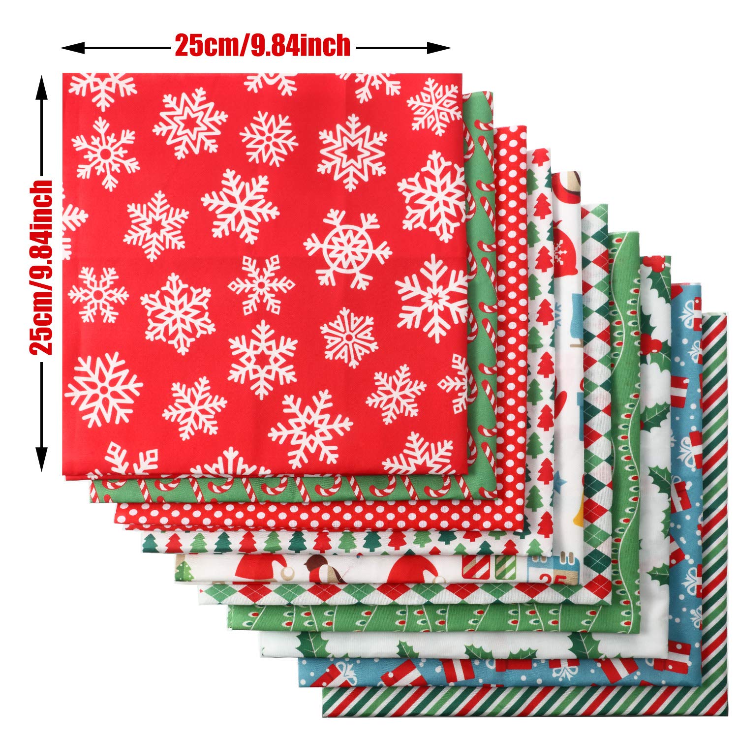 10 Pieces Christmas Cotton Fabric Squares Precut Quilting Fabric Patchwork Christmas Snowflake Print Red Green Fabric for Xmas Sewing Crafting DIY Supplies (25 x 25 cm/ 9.84 x 9.84 Inch)