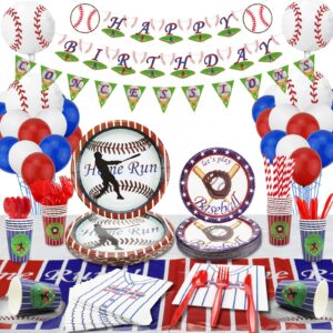 baseball party supplies sports tableware party pack for baseball themed birthday party including plates, cups, napkins, spoons, knives, forks, tablecloth, banner, balloons serves 20