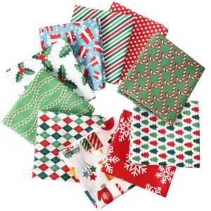 10 Pieces Christmas Cotton Fabric Squares Precut Quilting Fabric Patchwork Christmas Snowflake Print Red Green Fabric for Xmas Sewing Crafting DIY Supplies (25 x 25 cm/ 9.84 x 9.84 Inch)