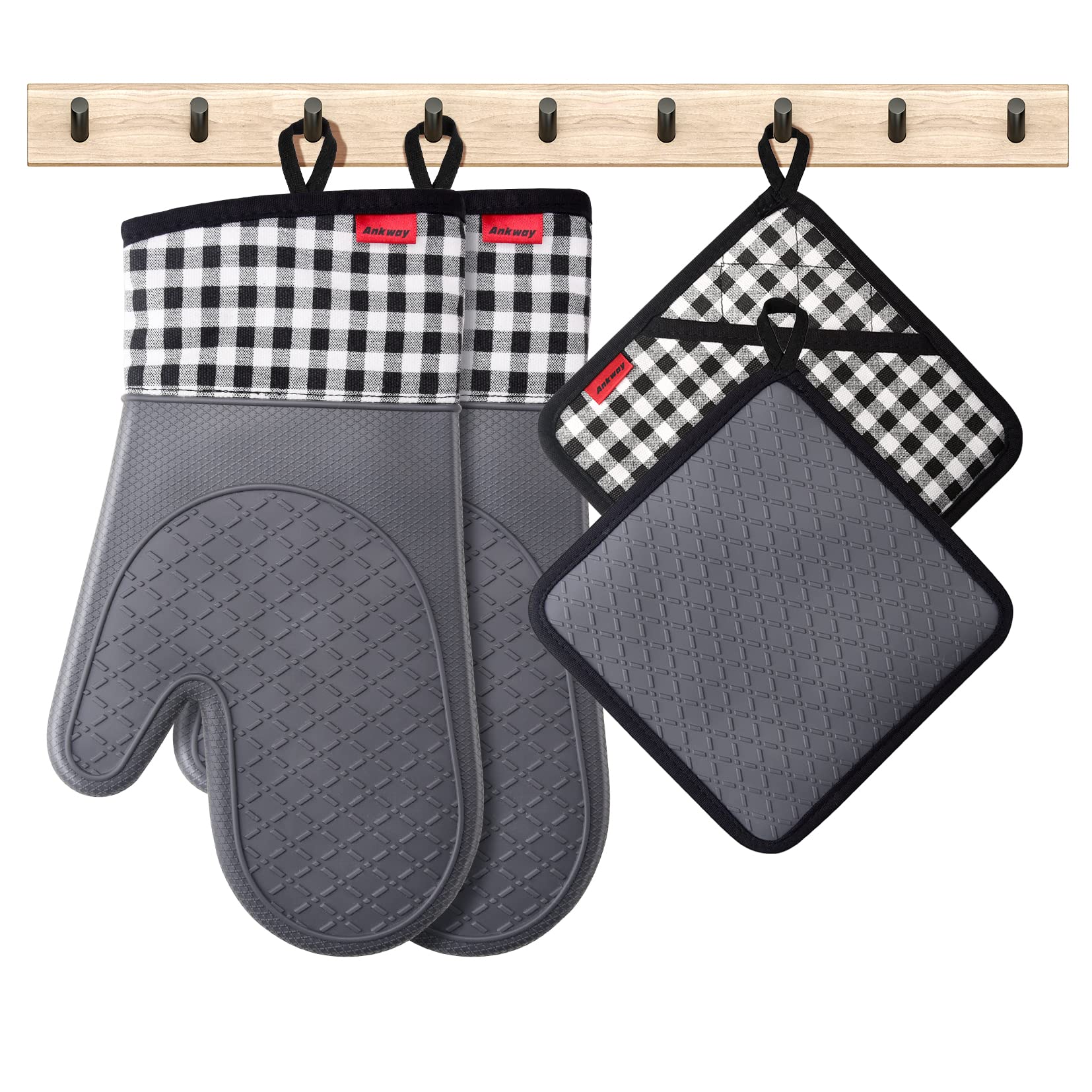 Silicone Oven Mitts and Pot Holders Sets - Ankway Heat Resistant Kitchen Mitts with Waterproof, Flexible Oven Gloves with Quilted Liner for Kitchen Cooking Baking Grilling, Dishwasher Safe, Gift Pack