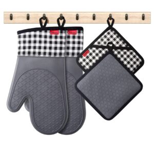 silicone oven mitts and pot holders sets - ankway heat resistant kitchen mitts with waterproof, flexible oven gloves with quilted liner for kitchen cooking baking grilling, dishwasher safe, gift pack