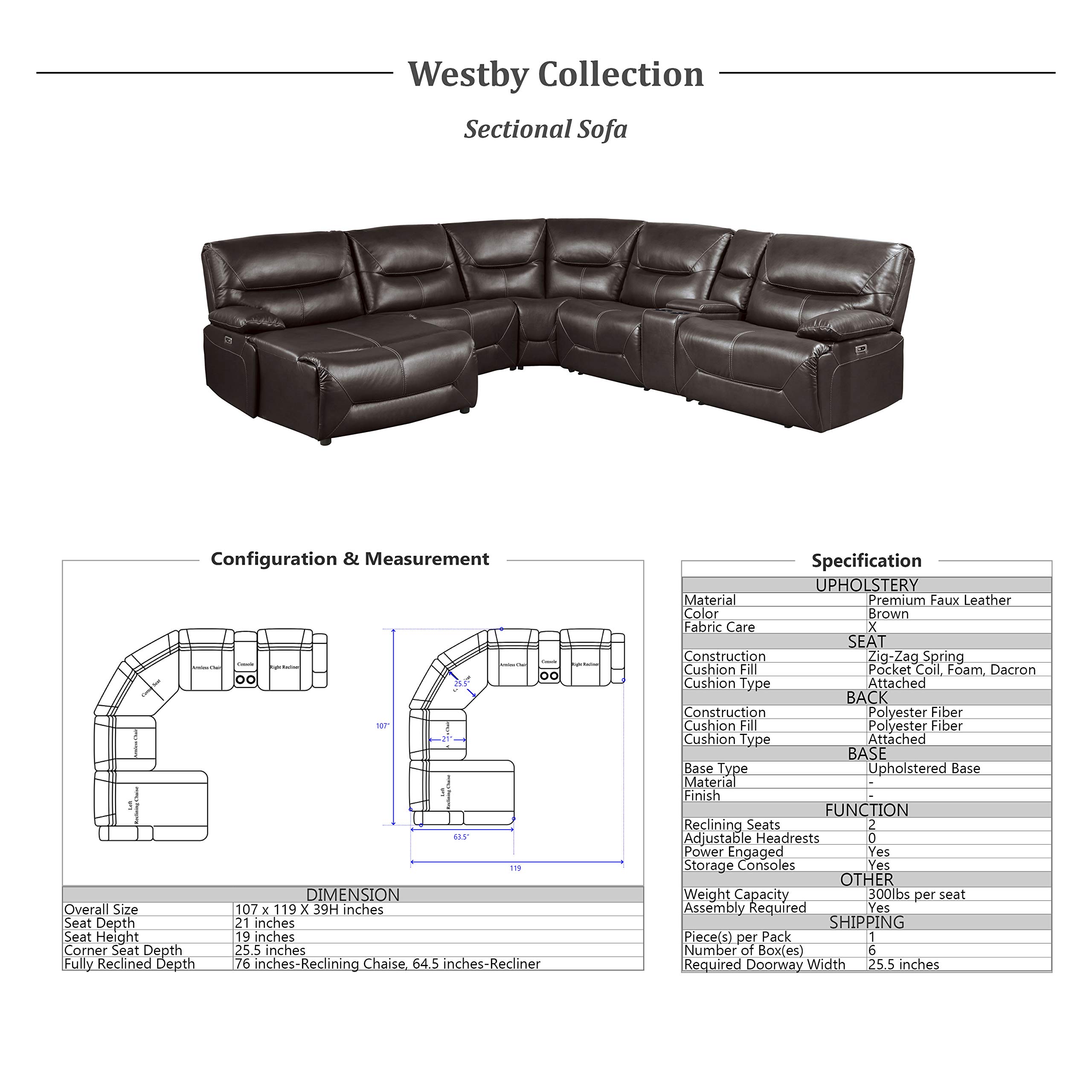 Lexicon Westby Power Modular Reclining Sectional Sofa, Left Side Chaise, Brown