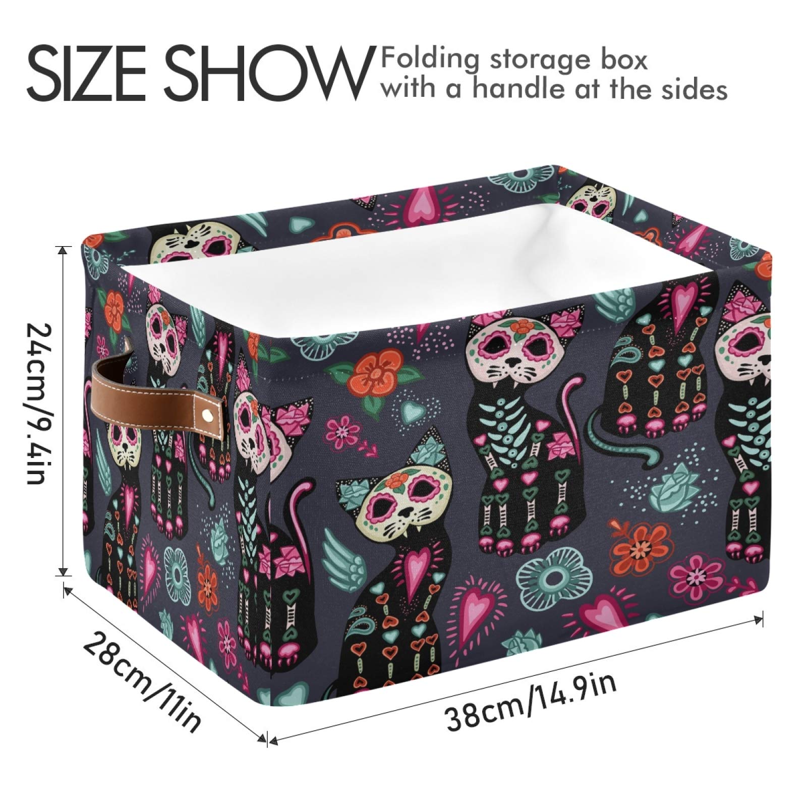 AUUXVA Storage Basket Day of The Dead Cat Sugar Skull Flower Storage Cube Box Durable Canvas Collapsible Toy Basket Organizer Bin with Handles for Shelf Closet Bedroom Home Office