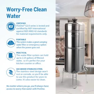 ProOne Traveler+ Stainless-Steel Gravity Filter System, 2.25-Gallon Water Capacity, Countertop Water Dispenser for Home & Travel with One 5” Filter & Wire Stand, Independently Tested Proven to Reduce