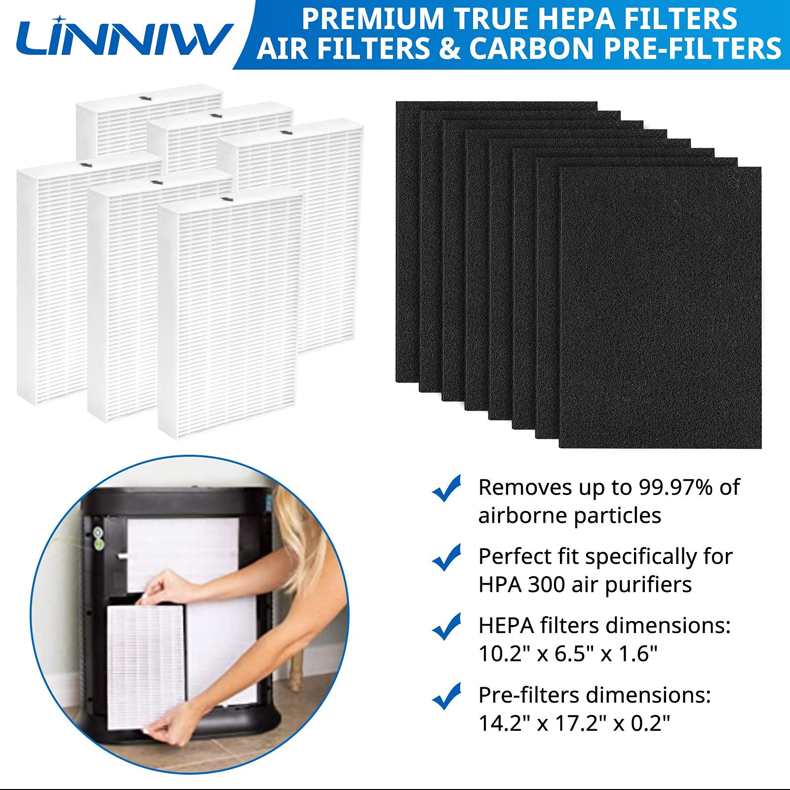 HPA300 HEPA Filter R Replacement for Honeywell HPA300, HPA200, HPA100, HPA090 Series Air Purifiers, Replace #HRF-R3, HRF-R2, HRF-R1 (6 HEPA Filter R + 8 Activated Carbon Pre-Filter)