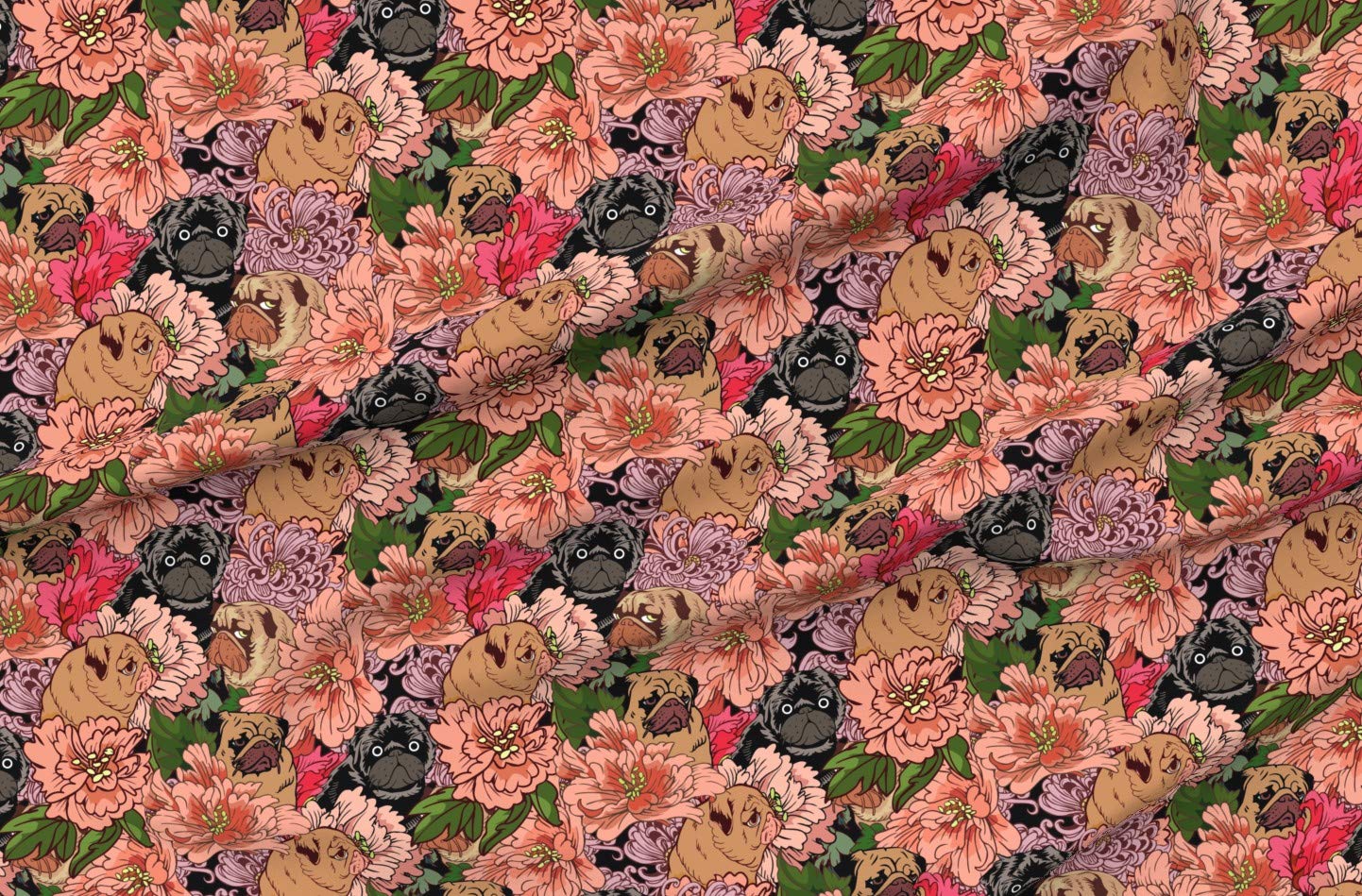 Spoonflower Fabric - Pugs Pug Flowers Dogs Pet Printed on Petal Signature Cotton Fabric Fat Quarter - Sewing Quilting Apparel Crafts Decor