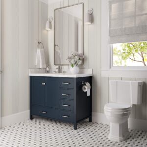 ARIEL 43" Midnight Blue Bathroom Vanity with 1.5" Edge Pure White Quartz Countertop & Backsplash, Left Oval Sink, 2 Soft Closing Doors, 5 Full Extension Dovetail Drawers, Satin Nickel