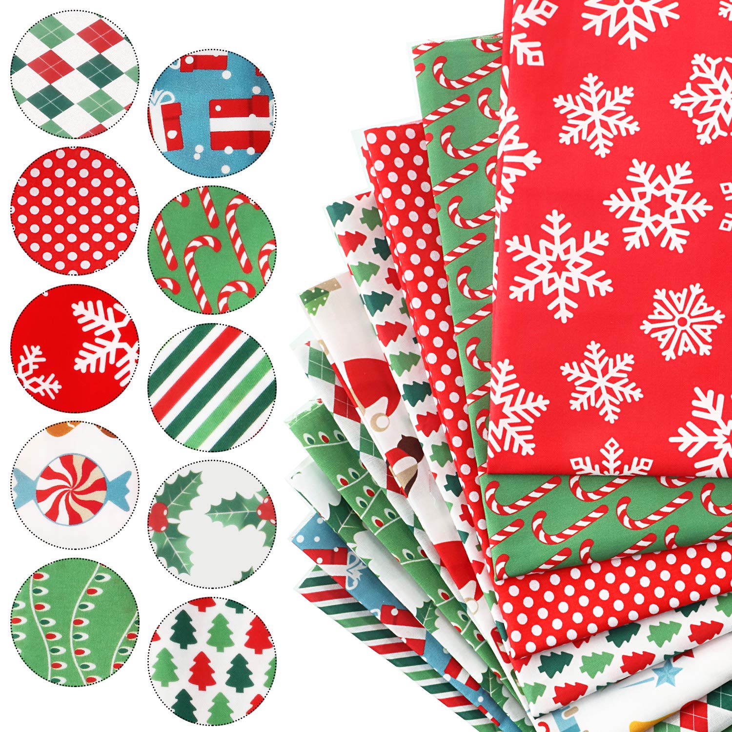 10 Pieces Christmas Cotton Fabric Squares Precut Quilting Fabric Patchwork Christmas Snowflake Print Red Green Fabric for Xmas Sewing Crafting DIY Supplies (25 x 25 cm/ 9.84 x 9.84 Inch)