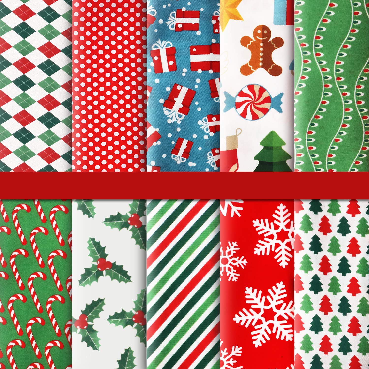 10 Pieces Christmas Cotton Fabric Squares Precut Quilting Fabric Patchwork Christmas Snowflake Print Red Green Fabric for Xmas Sewing Crafting DIY Supplies (25 x 25 cm/ 9.84 x 9.84 Inch)