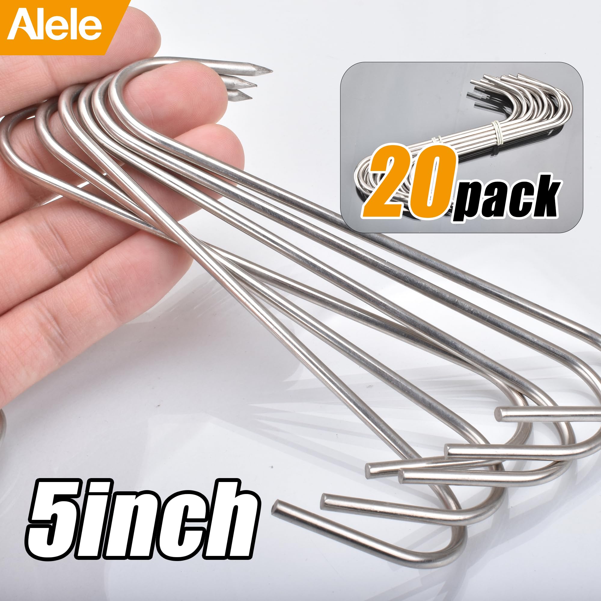 Alele 20Pcs 5 Inches Poultry Hooks, Stainless Steel Lightweight Hook for Meat Processing Hanging Smoking (Meat Hooks 20 Pack 5 inch 3mm)