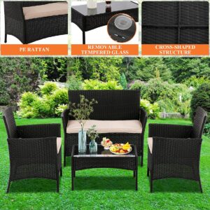 Dkeli 4 Pieces Outdoor Patio Furniture Wicker Bistro Sets with Thickened Cushions & Table Modern Rattan Chair Conversation Sets for Backyard Porch Poolside Lawn Garden, Black