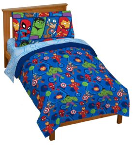 jay franco marvel super hero adventures hero together 4piece toddler bed set super soft microfiber bed set includes toddler size comforter & sheet bedding features the avengers official product