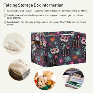 AUUXVA Storage Basket Day of The Dead Cat Sugar Skull Flower Storage Cube Box Durable Canvas Collapsible Toy Basket Organizer Bin with Handles for Shelf Closet Bedroom Home Office